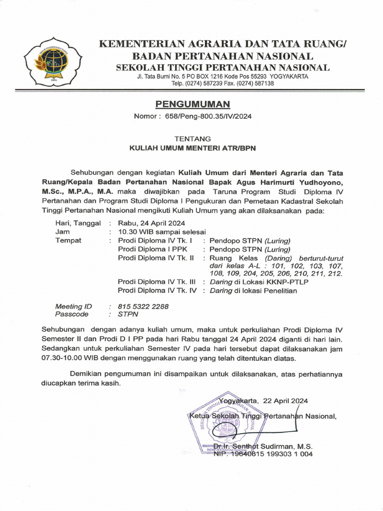 Pengumuman Kuliah Umum Menteri ATRBPN & Perkuliahan Hari Rabu | PDF