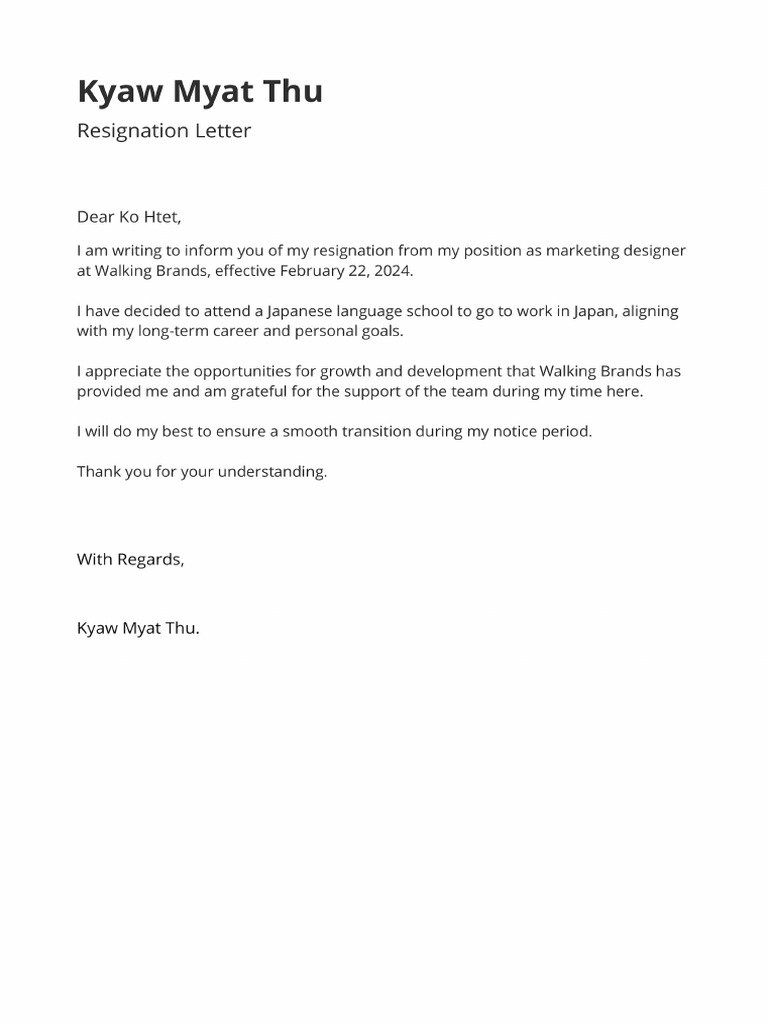 Kyaw Myat Thu Resignation Letter - 20240222 - 002248 - 0000 | PDF