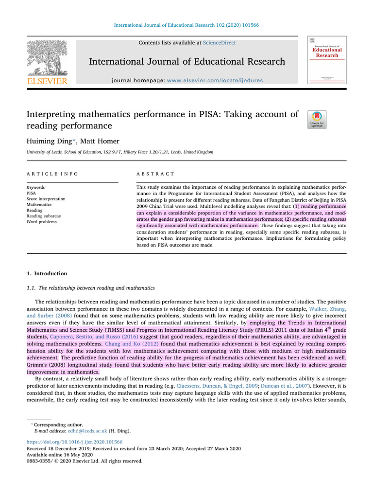 Interpreting Mathematics Performance in PISA: Taking Account of Reading ...