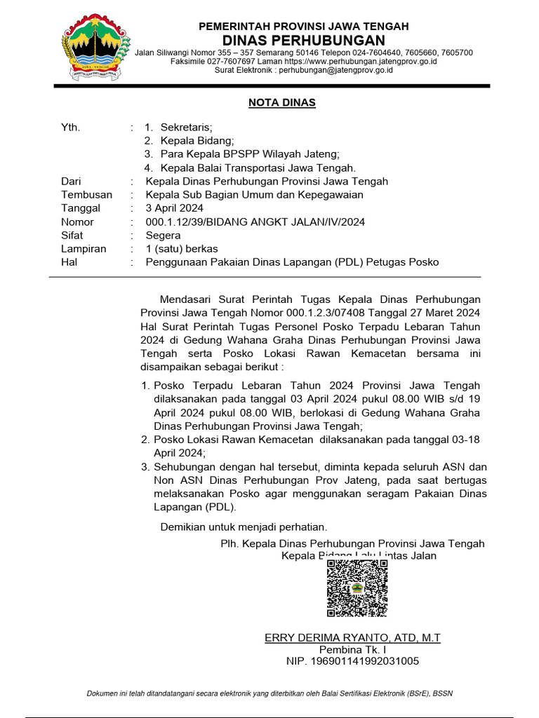 Nota Dinas Pakaian Posko Lebaran 2024 | PDF