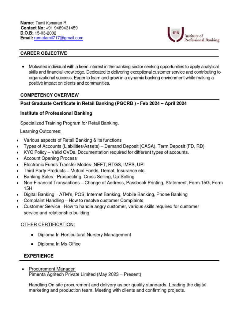Resume Format IPB | PDF | Banks | Retail