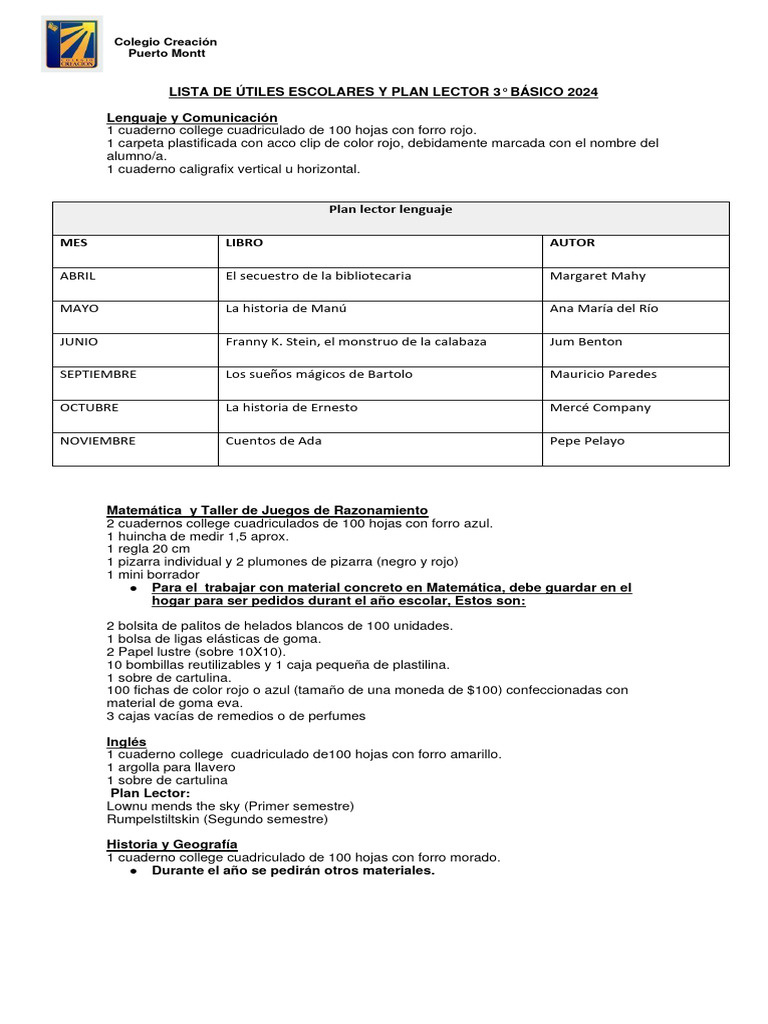 Tercero Basico - Lista de Utiles y Plan Lector 2024 | PDF | Lápiz