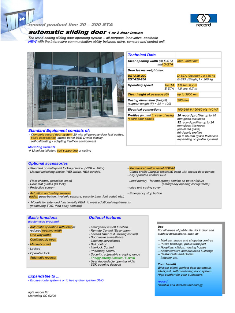 STA 20 - 200 Technical Data | PDF | Door | Switch