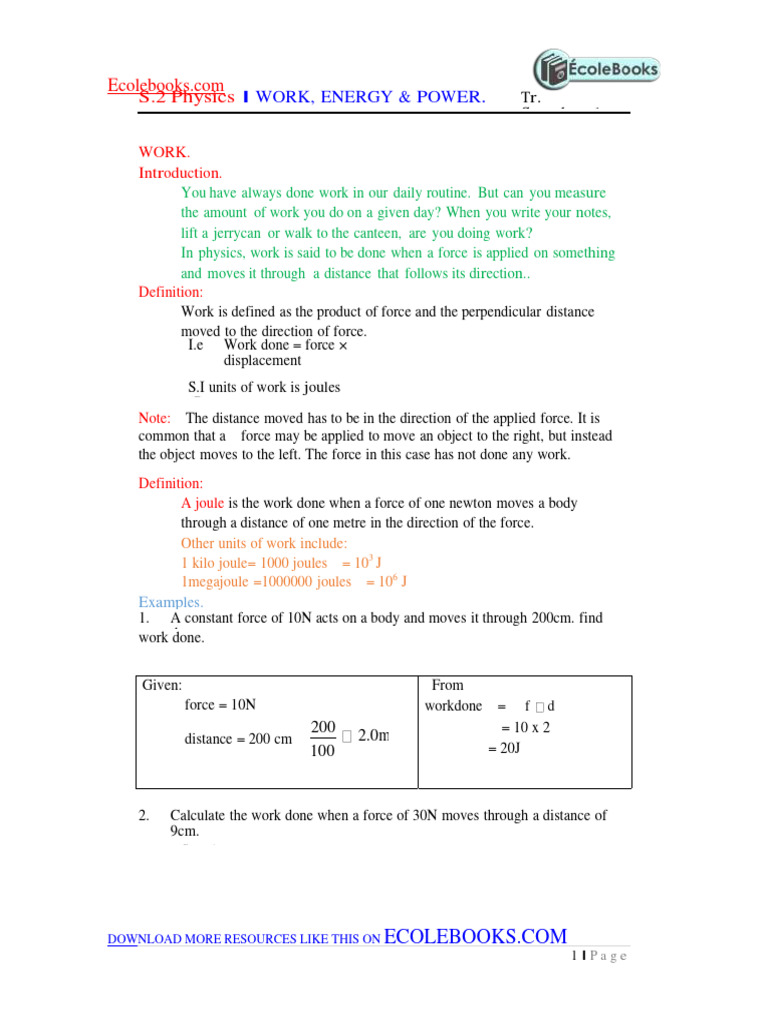 08 S.2 Physics Notes Work Energy Power Tr. Ibrah | PDF | Energy ...