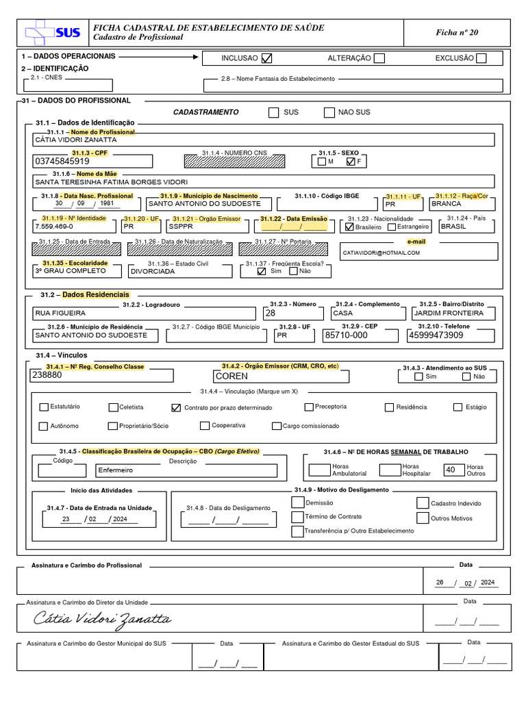 50 - Ficha - Profissional - Cnes - Unificada - 07-2015 (1) Preenchida ...