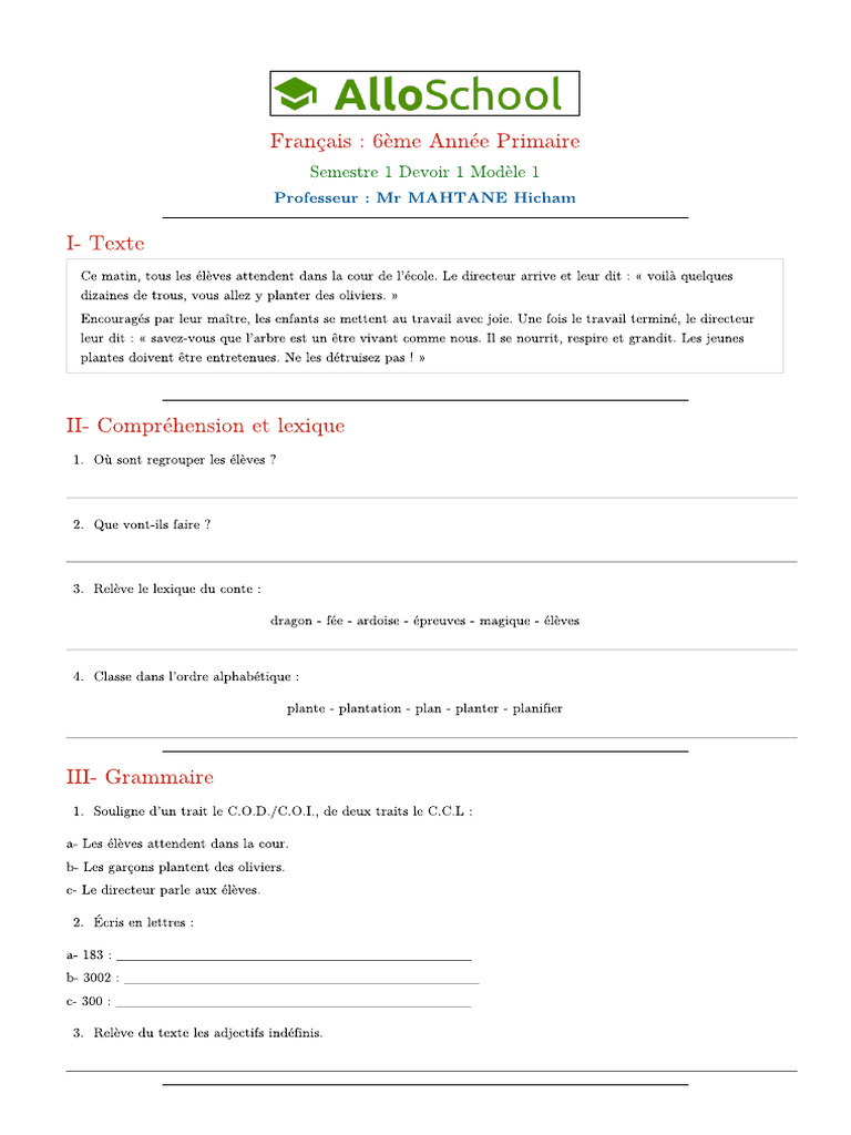 Francais 6ap Semestre 1 Devoir 1 Modele 1 2 | PDF