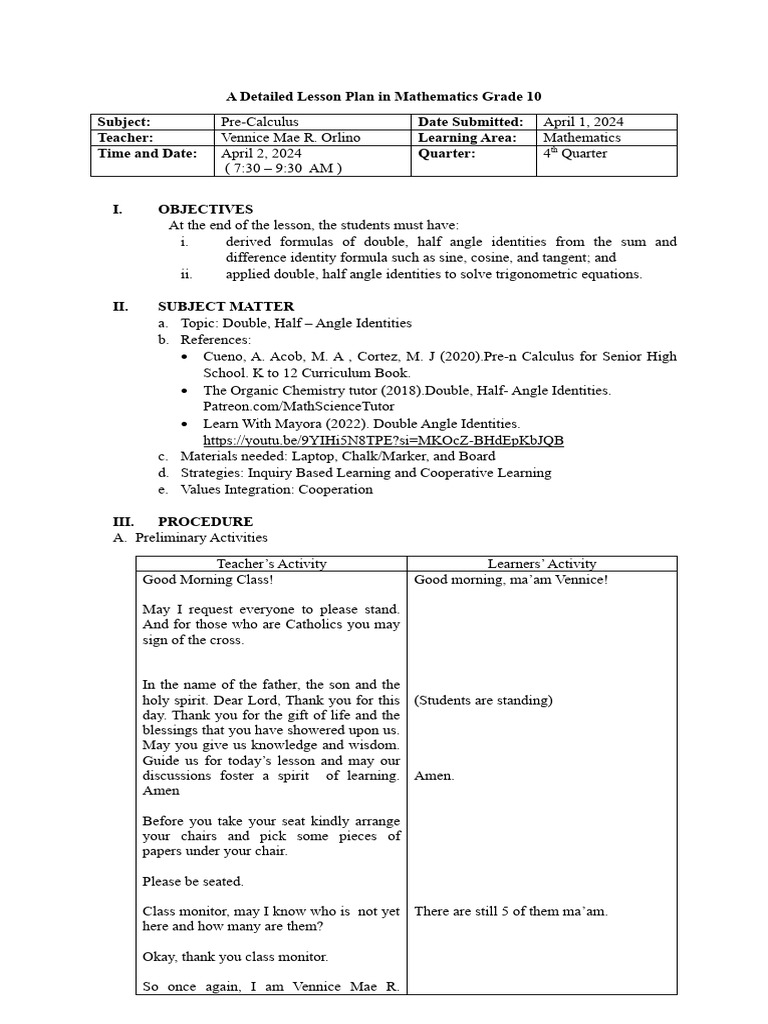 Double, Half - Angle Identities DLP | PDF | Trigonometric Functions | Mathematical Analysis