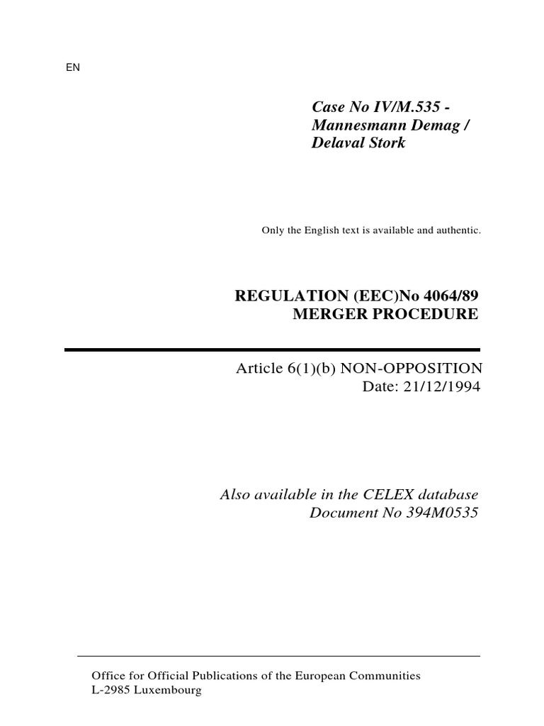 Case No IV/M.535 - Mannesmann Demag / Delaval Stork: REGULATION (EEC ...