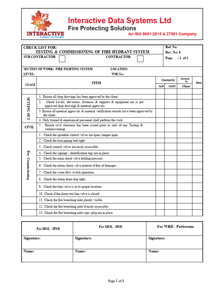 Final - Checklist-For-Testing-Commissioning-Of-Sprinkler-System | PDF ...