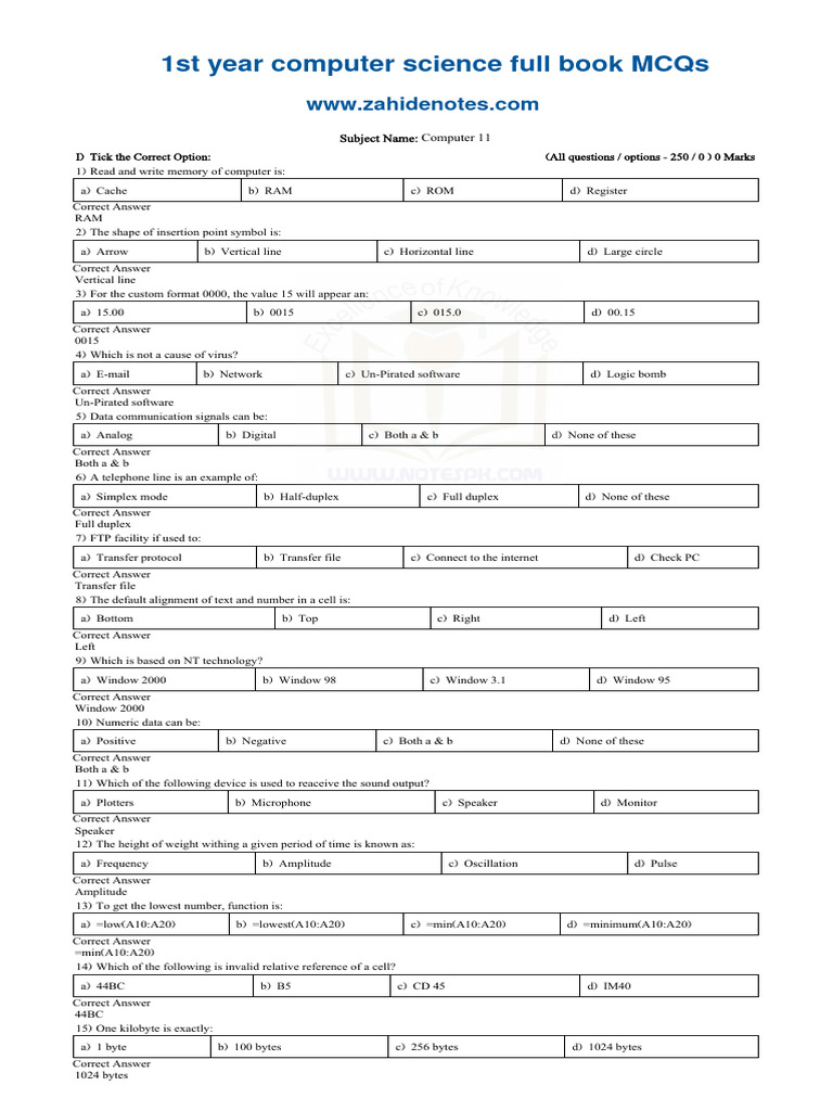 1st Year Computer Science MCQs Solved Zahid Notes | Download Free PDF ...