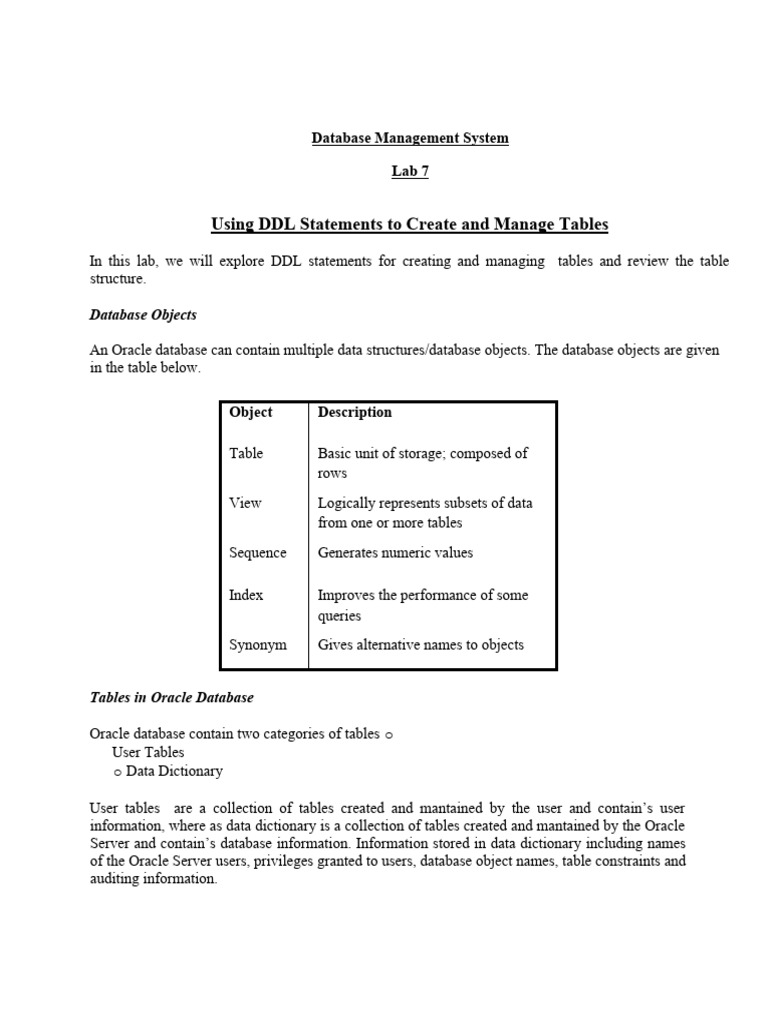 Db Lab 7 Ddl Create Pdf Table Database Databases