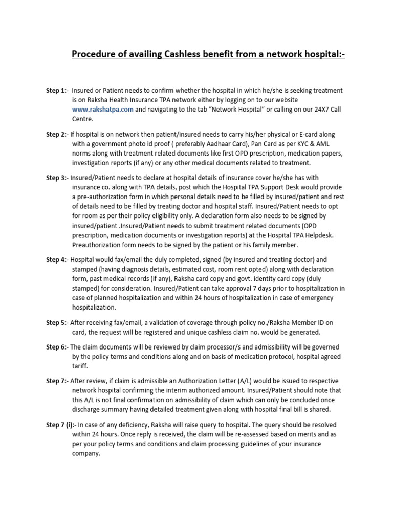 Cashless Reimbursement Procedure 1 | PDF | Hospital | Patient