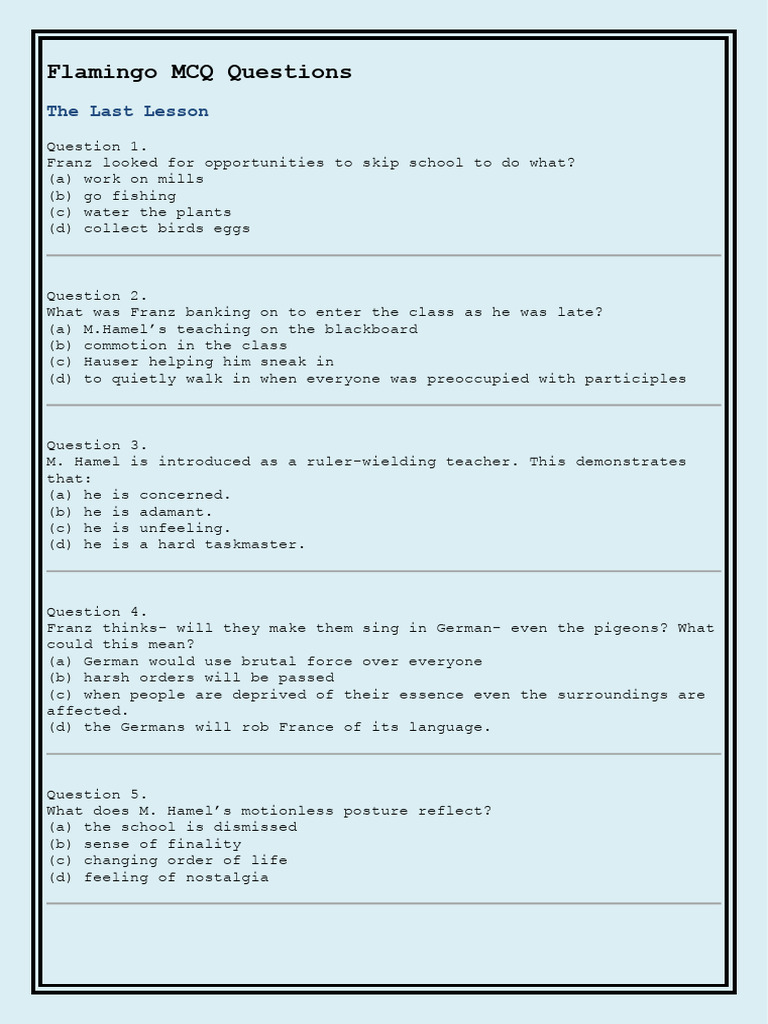 Flamingo MCQ Questions | PDF | Fear