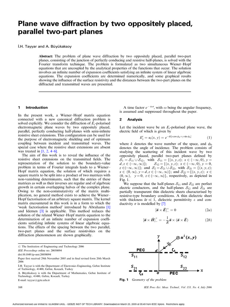 Plane Wave Diffraction by Two Oppositely Placed, Parallel Two-Part Planes | PDF | Waves | Equations