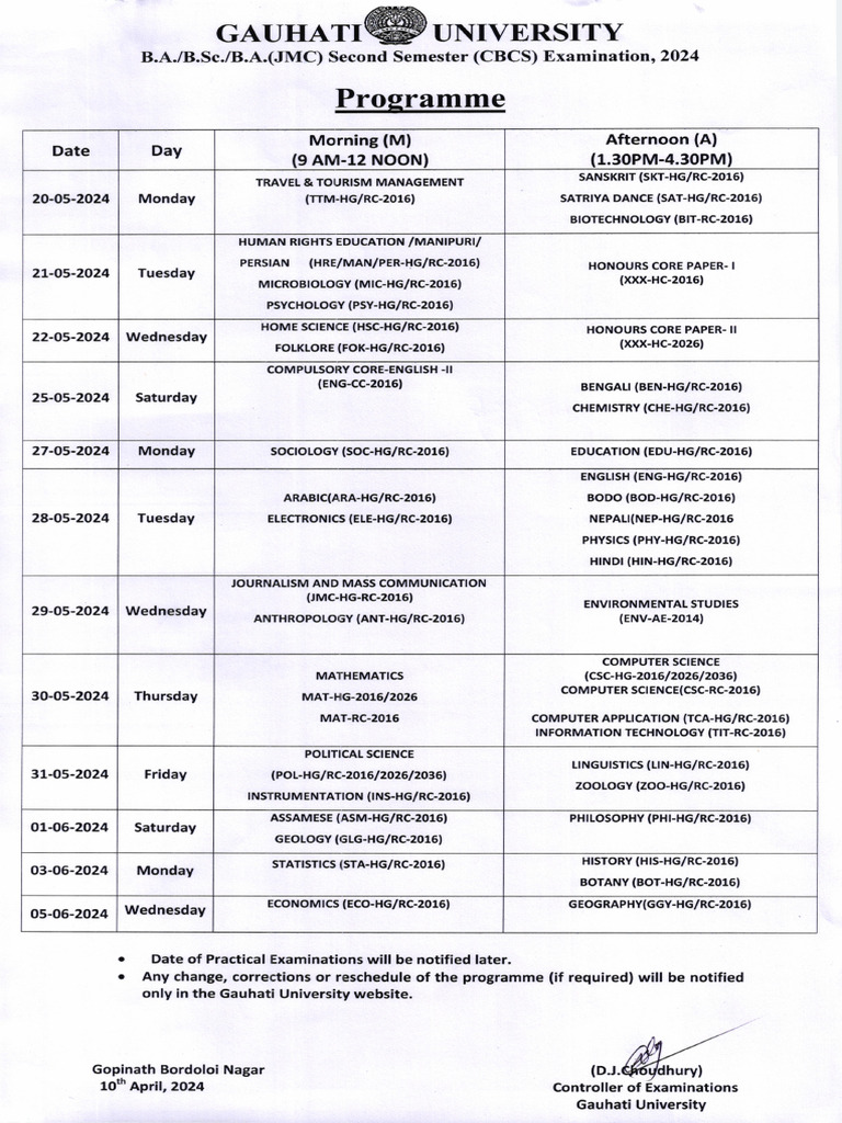 Gauhati University Exam Schedule 2024 | PDF | Science | Business
