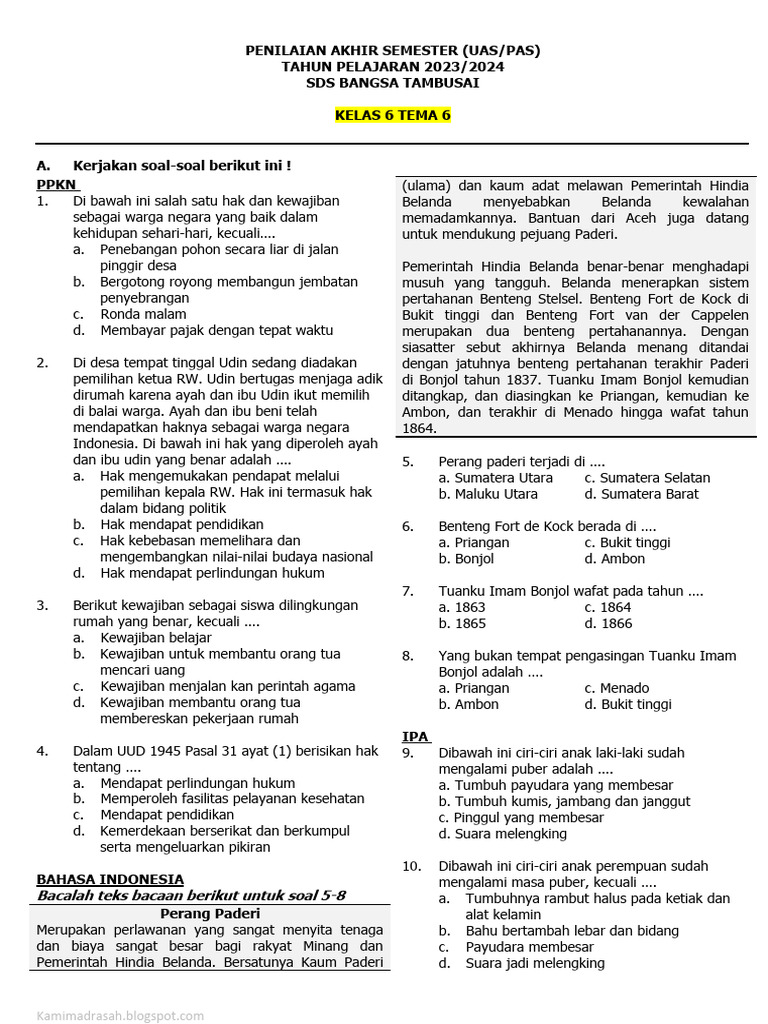 Soal PAS Kelas 6 Tema 6 - KAMIMADRASAH | PDF