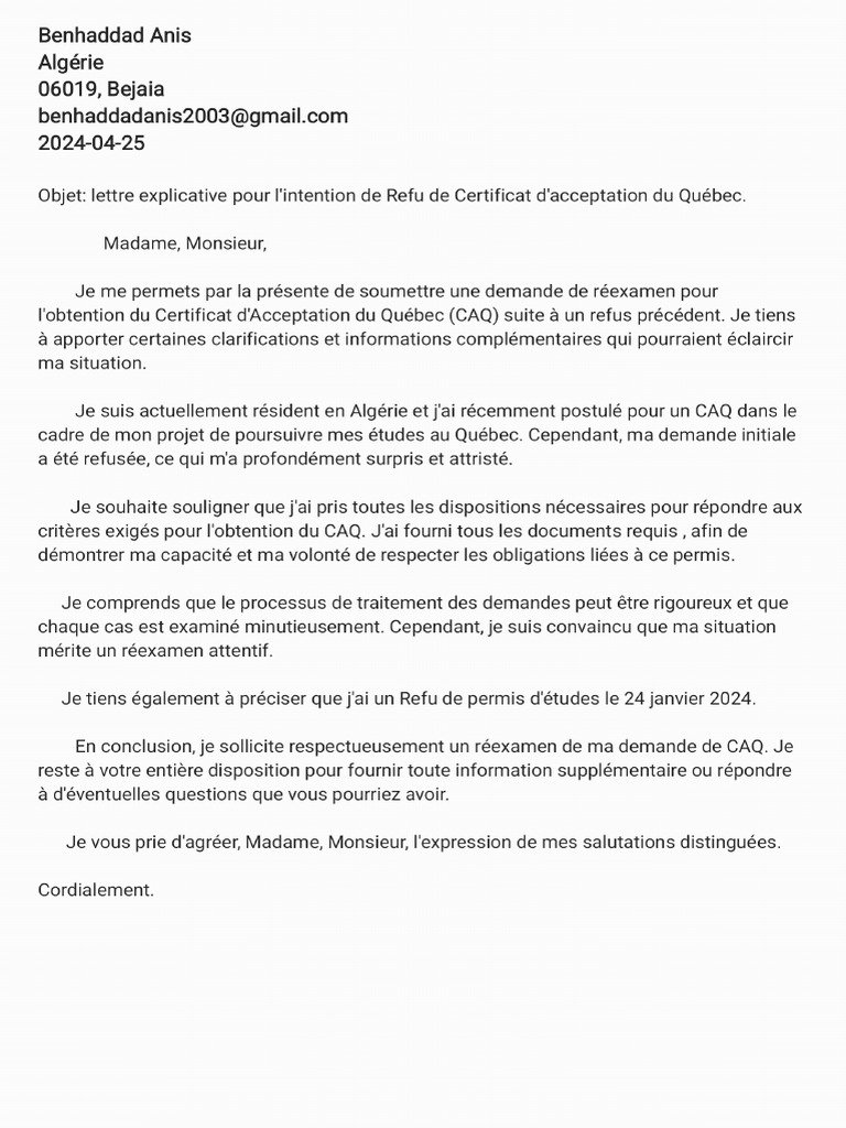 Lettre Explicative de Caq | PDF