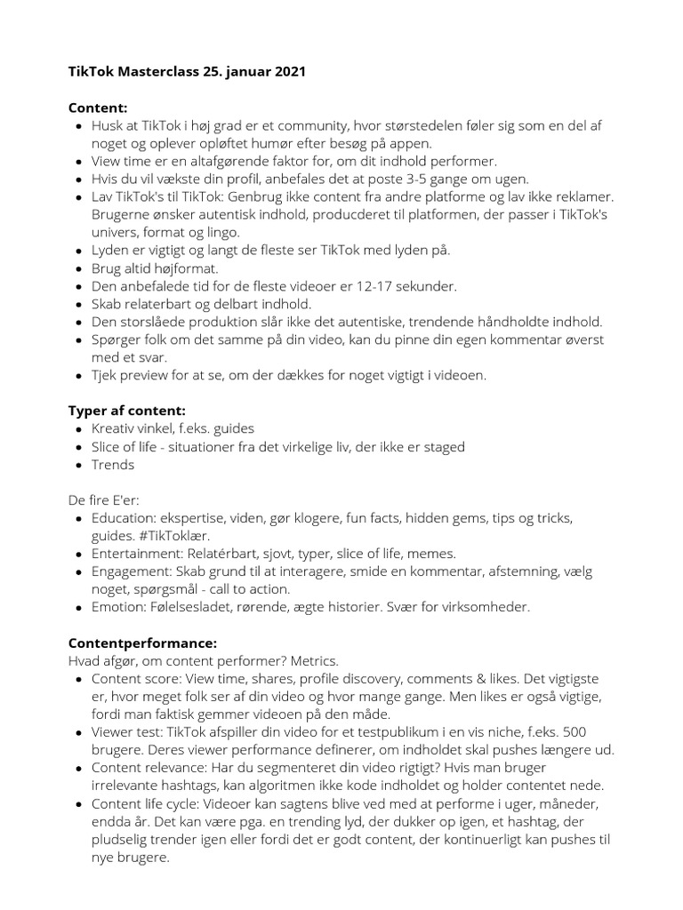 TikTok Masterclass Noter | PDF