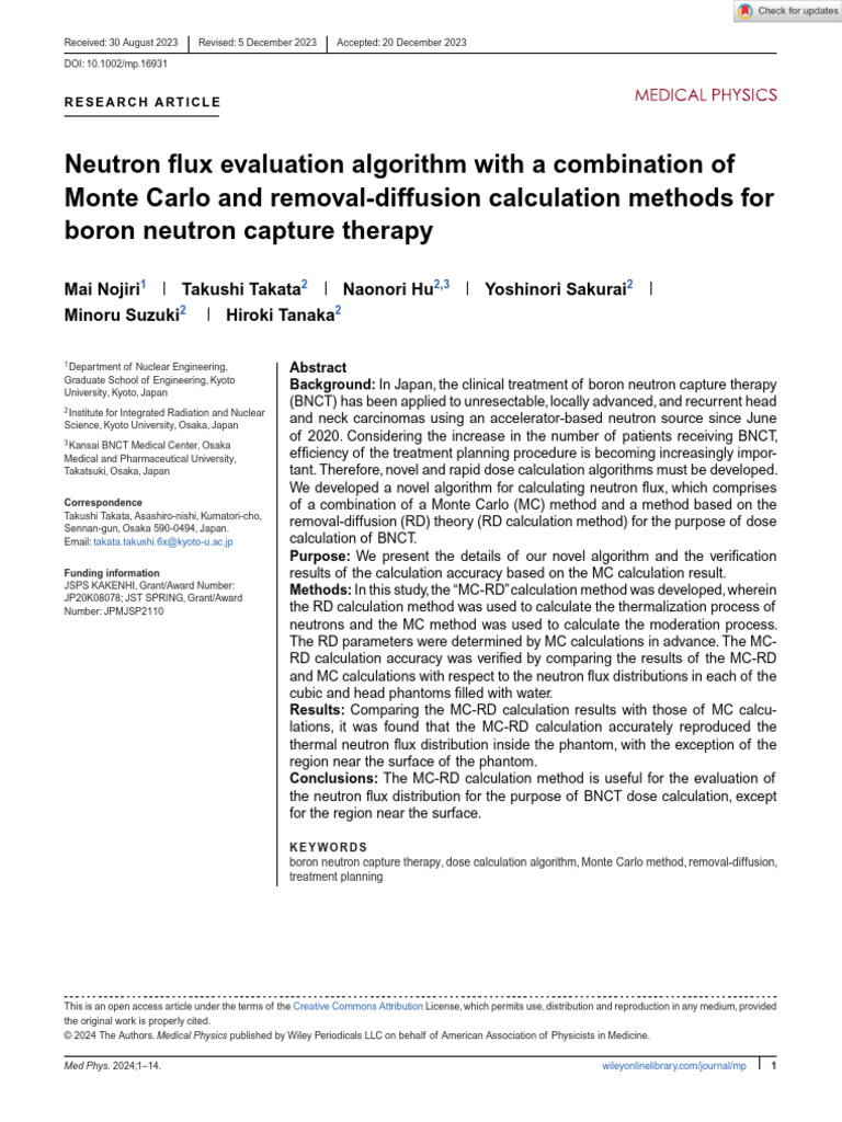 Medical Physics - 2024 - Nojiri - Neutron Flux Evaluation Algorithm With A Combination of Monte ...
