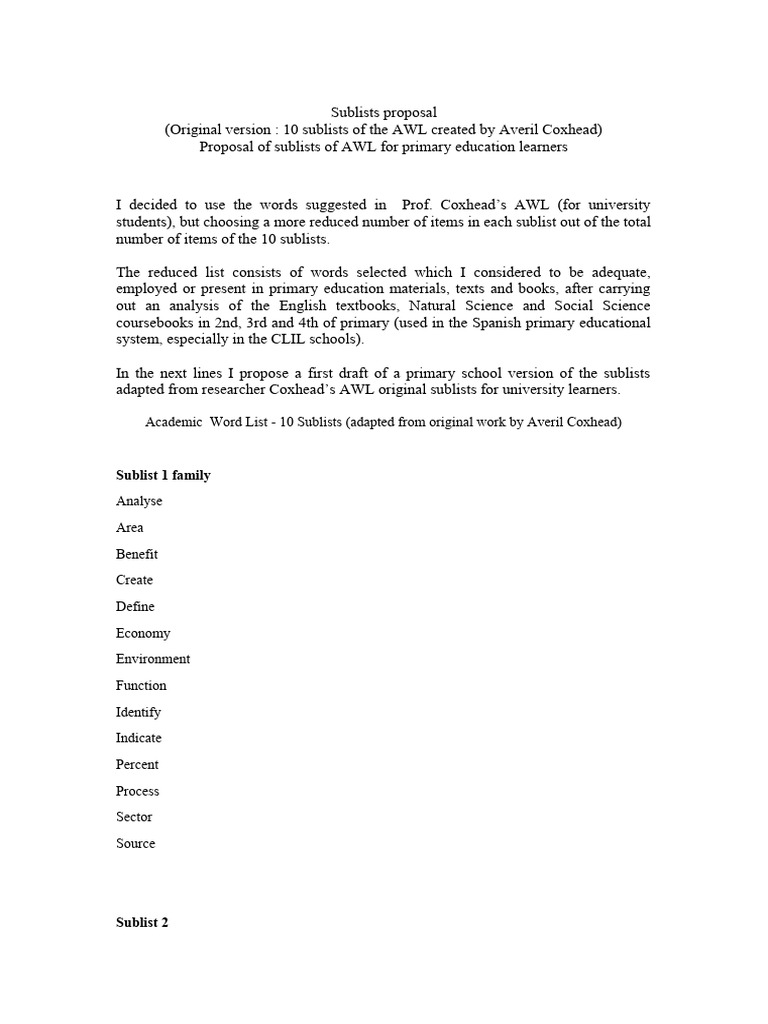 W - AWL - Sublists - Averil Coxhead - Adapted Primary School Sublists ...