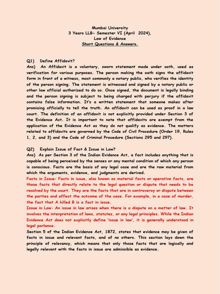 RK Notes For Law of Evidence | PDF | Burden Of Proof (Law) | Evidence (Law)