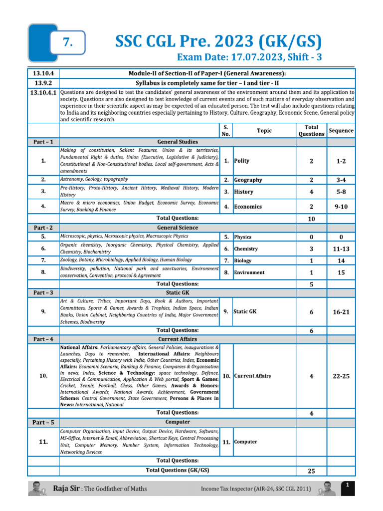 SSC CGL PRE 2023 GK & GS 17.7.2023 Shift 3 | PDF
