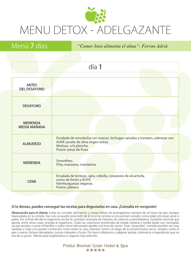 Menu Detox 7 Dias Adelgazante | PDF | ensalada | Fruta