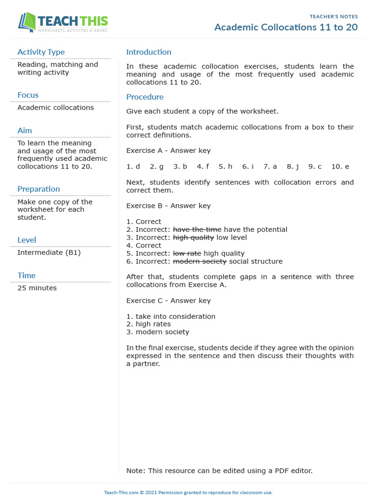 Academic Collocations 11 To 20 | PDF | Cognition