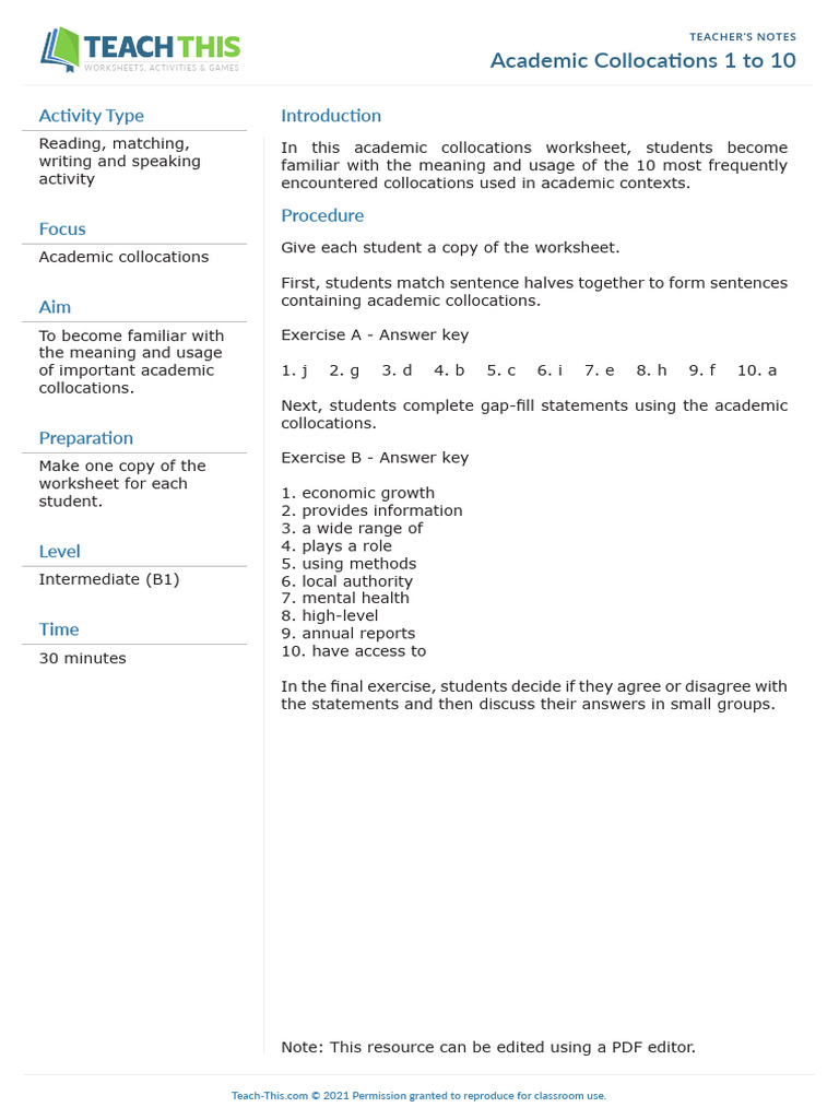 Academic Collocations Worksheet | PDF | Career & Growth | Foreign ...