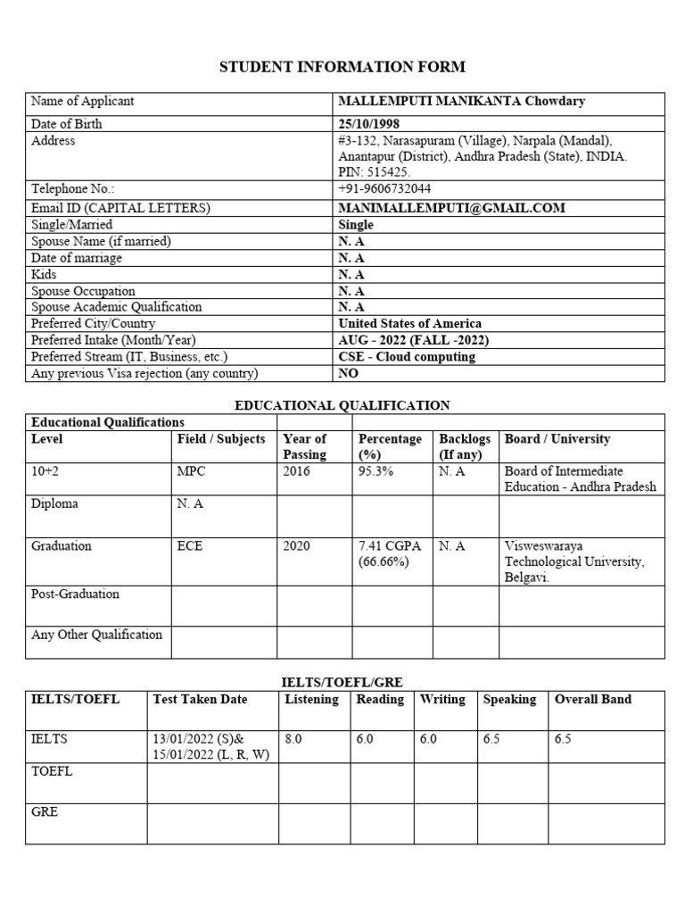 Student Information Form1 | PDF | Qualifications | Standardized Tests