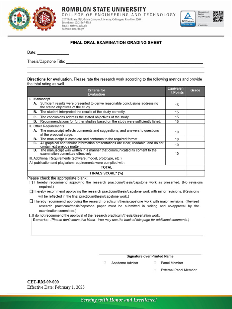 CET-RM-09-000 - Final Oral Examination Grading Sheet | PDF | Thesis