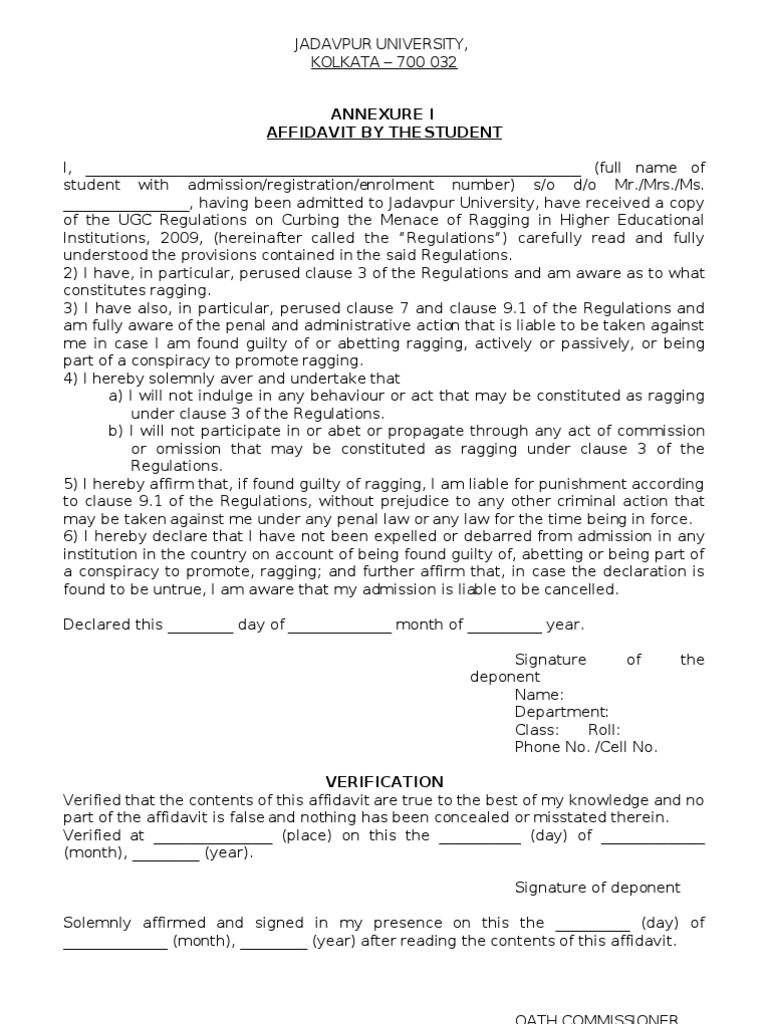 Annexure I Affidavit by The Student | PDF | Affidavit | Comparative Law