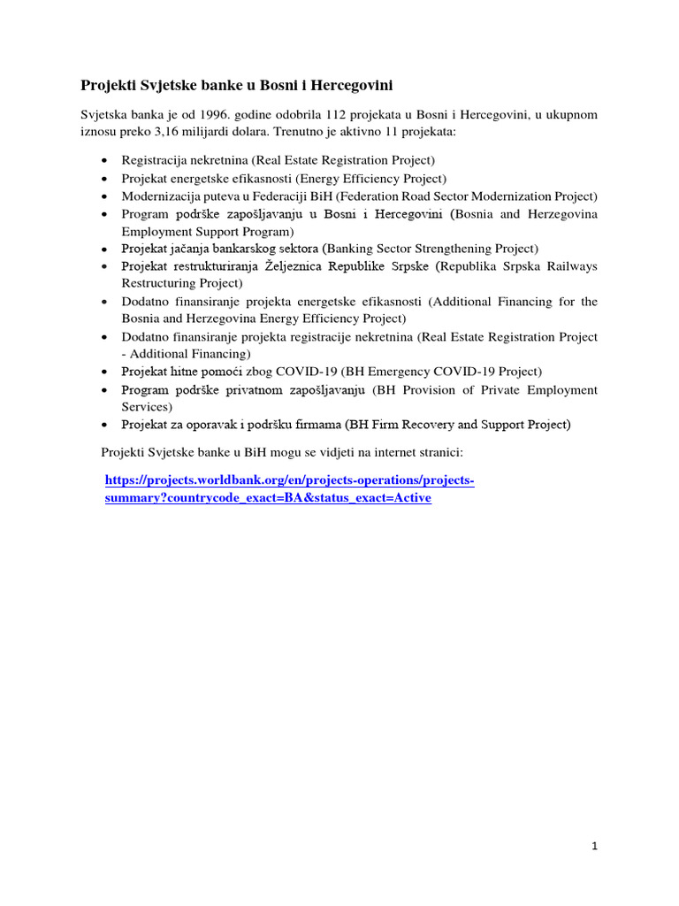 Projekti Svjetske Banke U BiH BOS | PDF