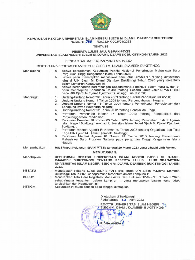 SK Surat Keputusan Rektor Tentang Peserta Lulus SPAN PTKIN UIN SMDD ...