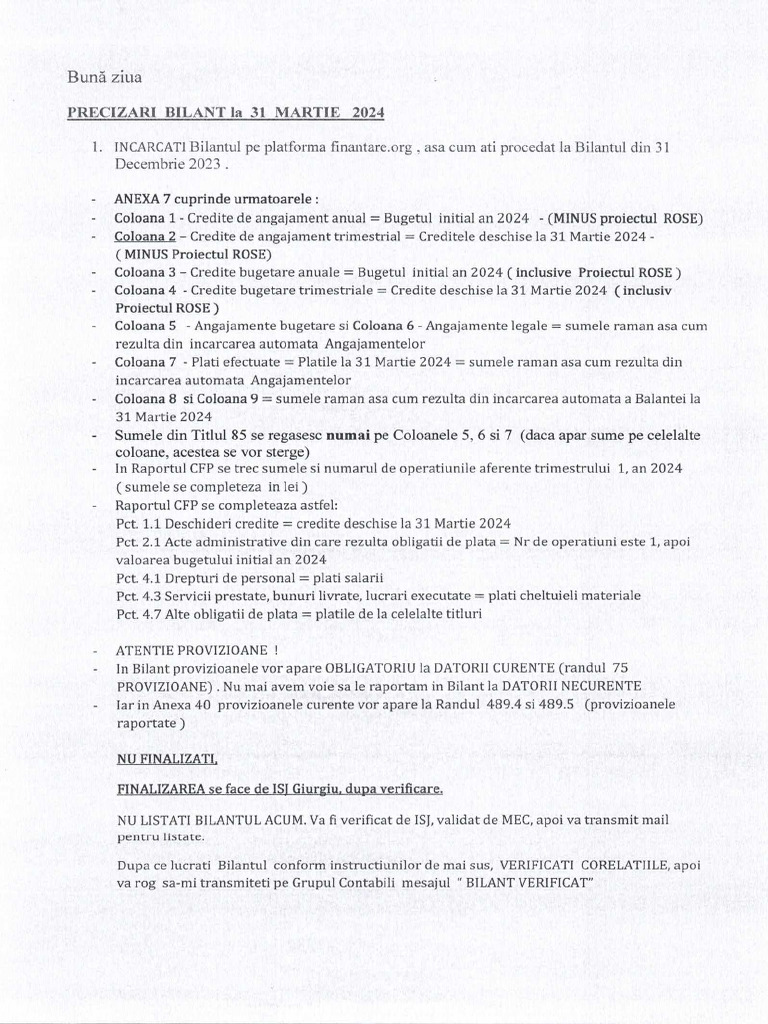 Precizari Bilant La 31 Martie 2024 | PDF