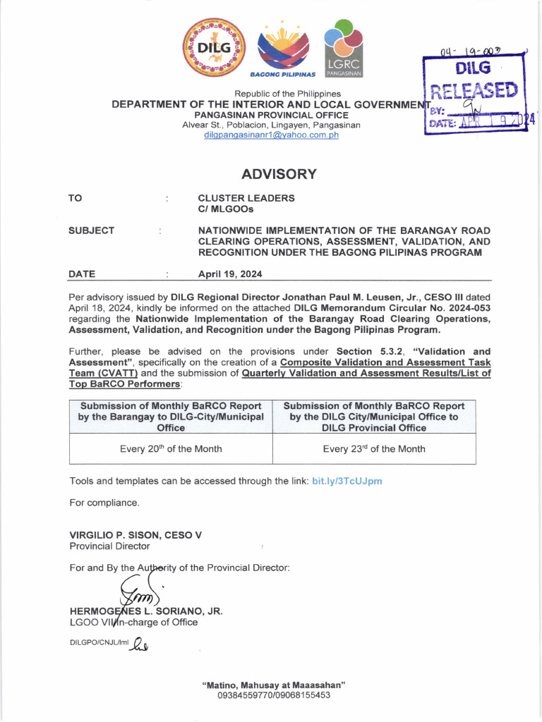 Nationwide Implementation of The Barangay Road Clearing Operations ...