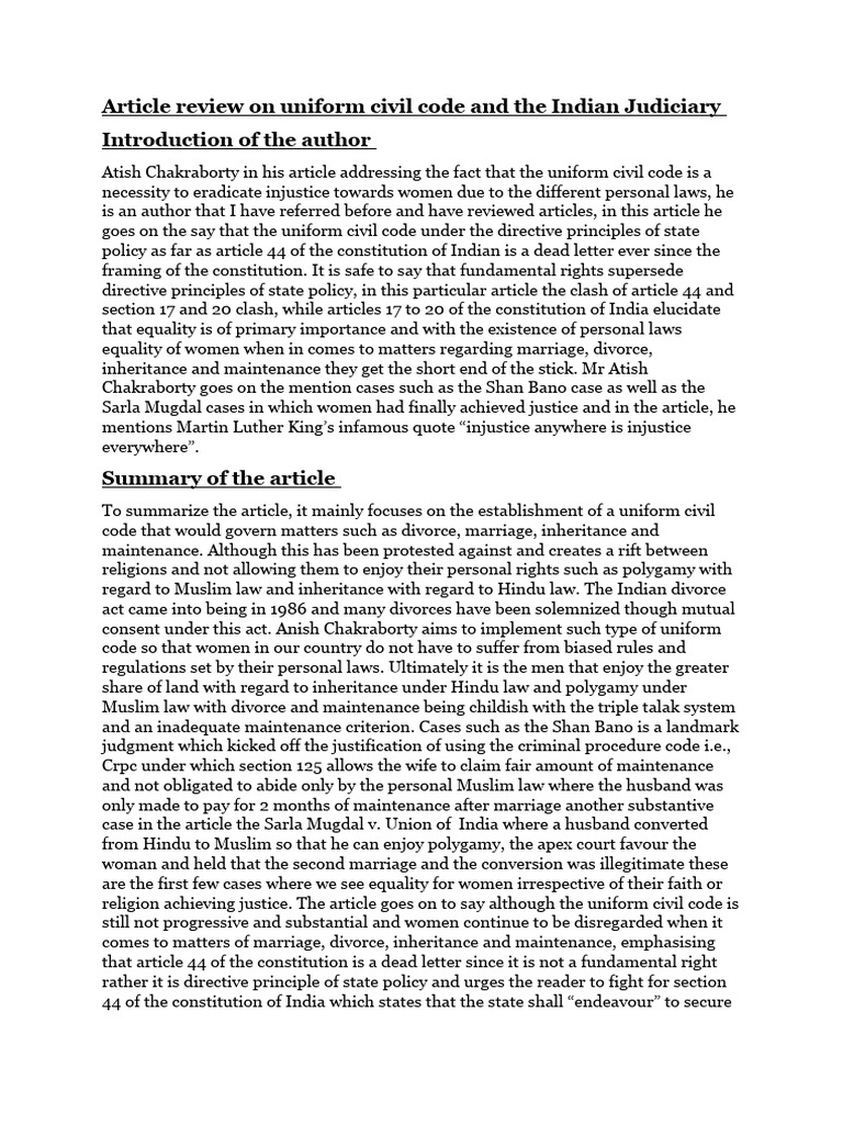 Article Review On Uniform Civil Code and The Indian Judiciary | PDF ...