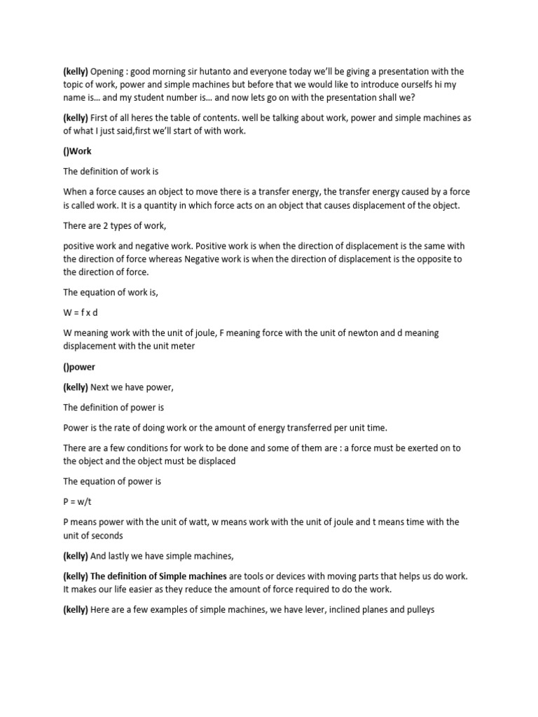 Physics Presentation Script 8G Work Power Simplemachines | PDF | Lever ...