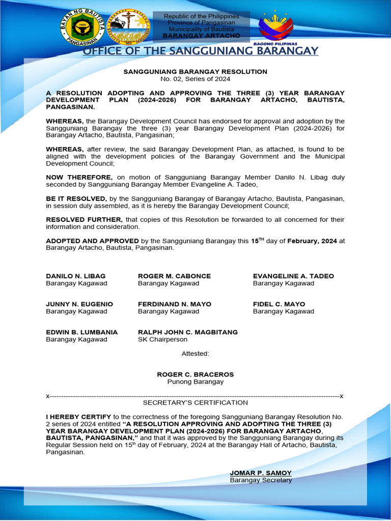 RESOLUTION NO.02, 2024 APPROVING BDP BDIP 2024 TO 2026 | PDF