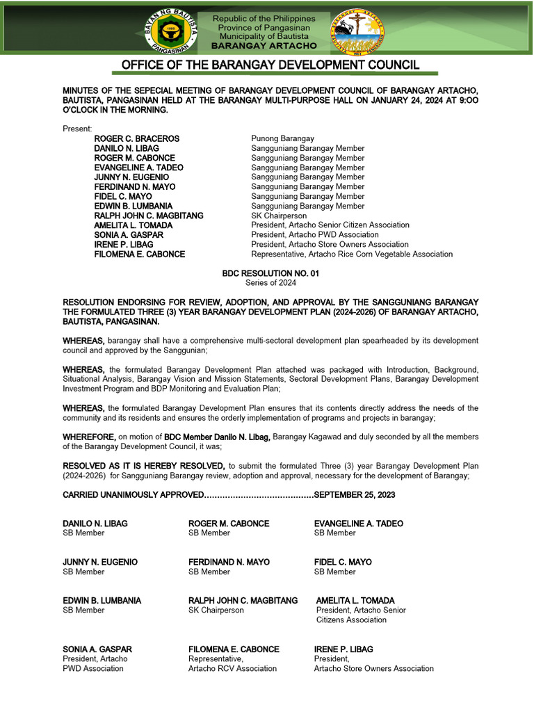 BDC Resolution No. 01, 2024 Endorsing BDP Bdip | PDF