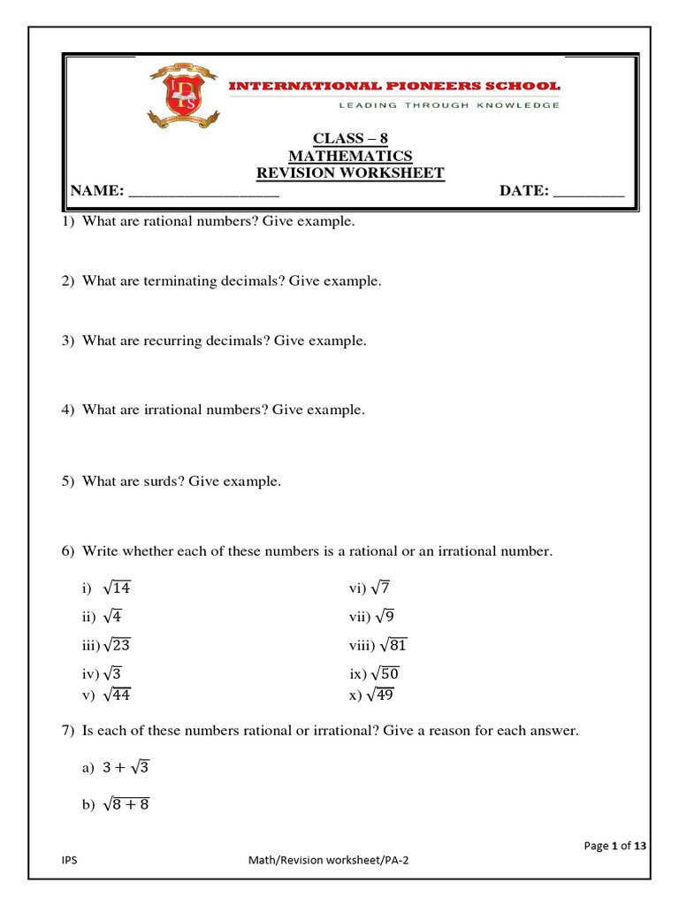 Math Class 8 Pa 2 Revision Worksheet | PDF | Mathematics | Mathematical ...