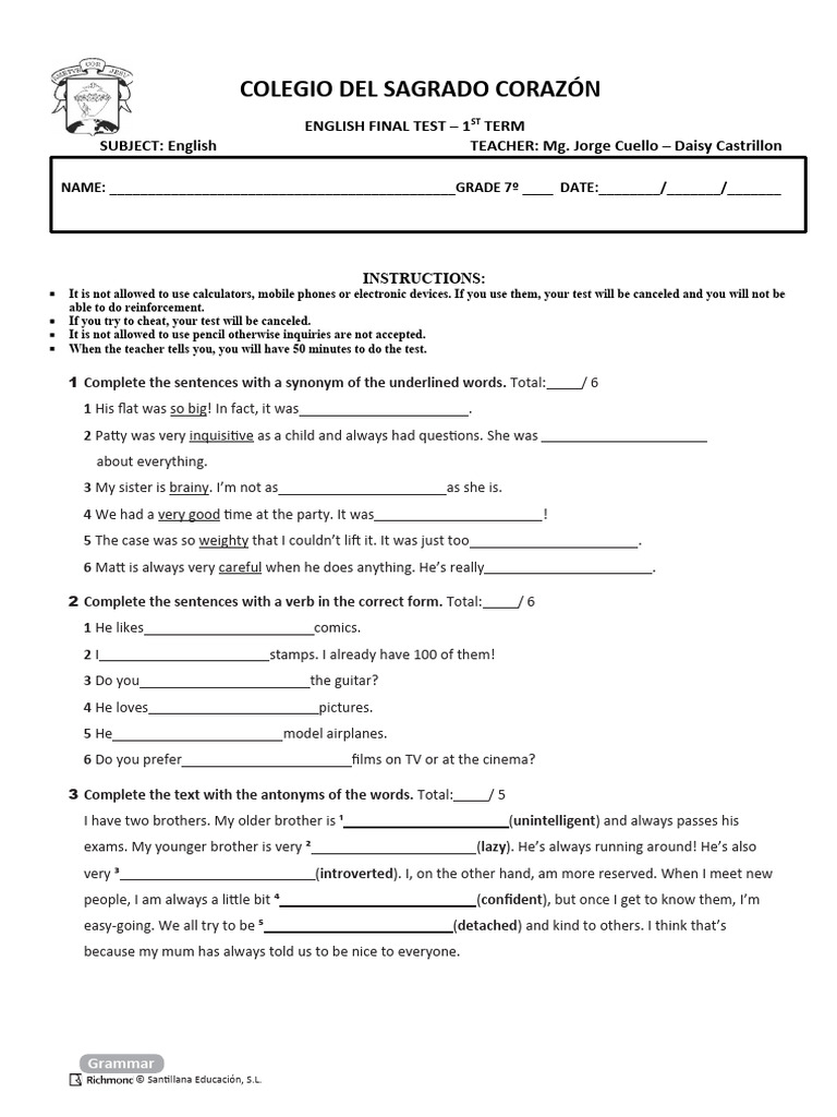 English Final Test - 7abcd - 1ST Term - 2024 | PDF