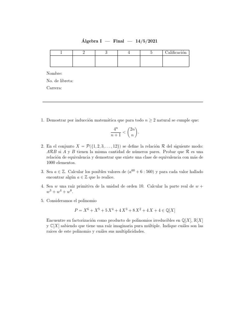 Algebra I - Final - 20210514 | PDF