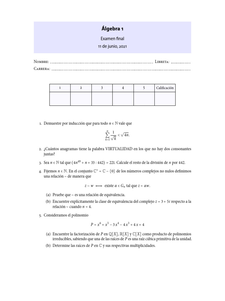 Algebra I - Final - 20210611 | PDF