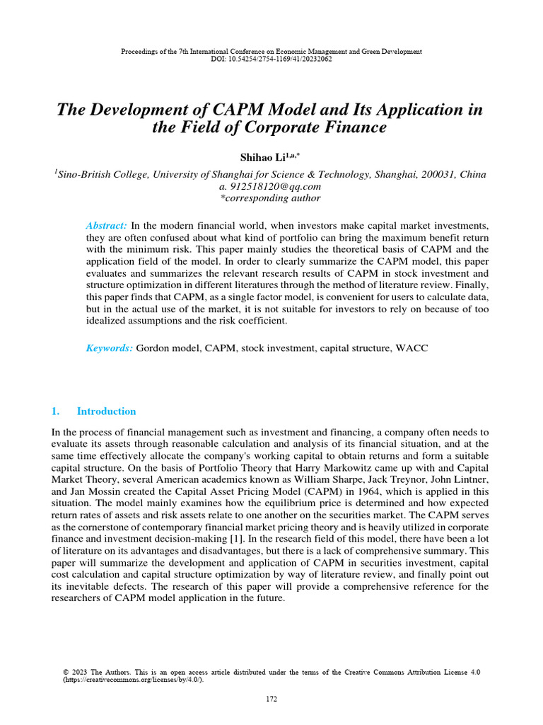 Li. The Development of CAPM Model and Its Application in The Field of ...