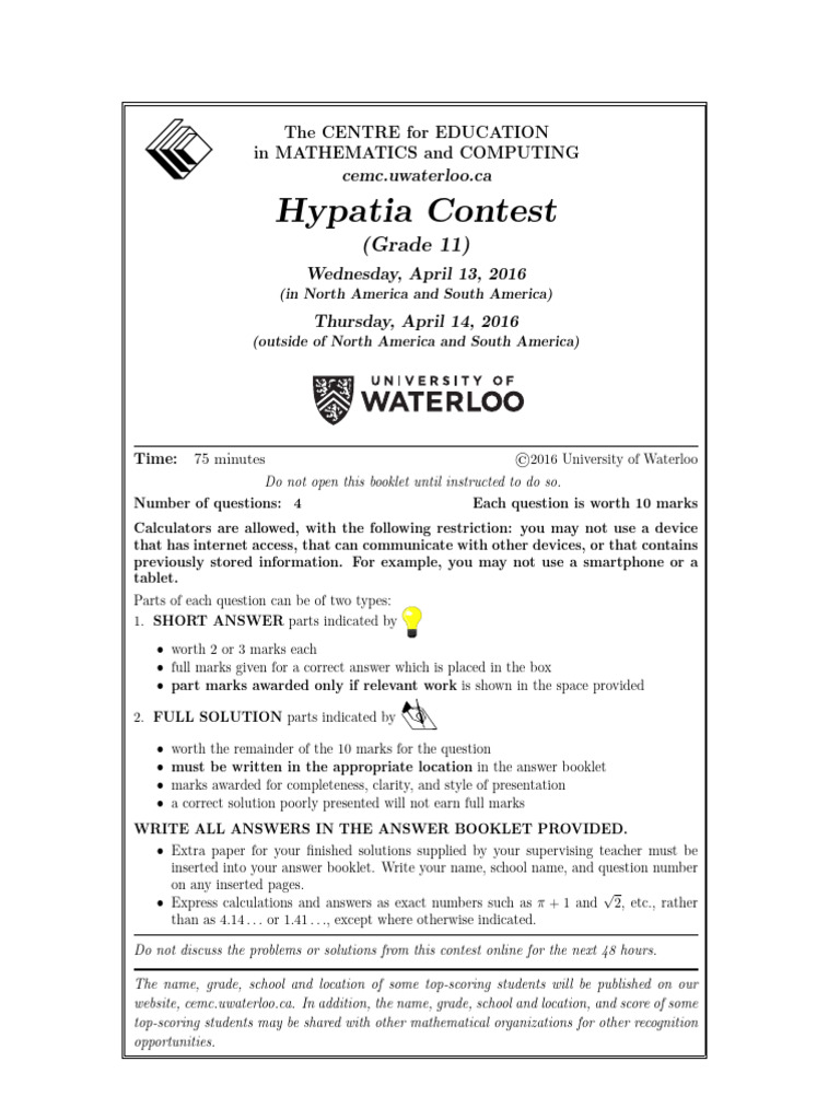 2016 Hypatia Contest | PDF | Circle | Perpendicular