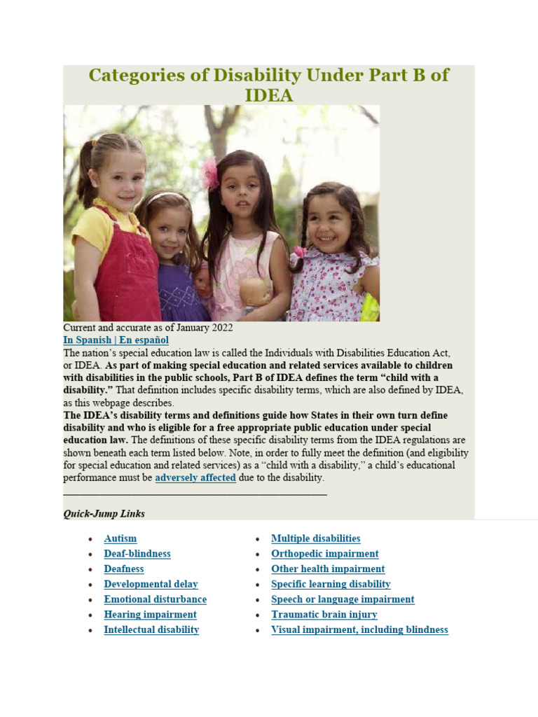 Categories of Disability Under Part B of IDEA | PDF | Disability ...