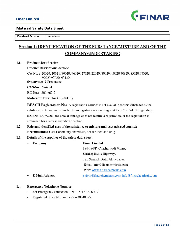 Acetone FINAR MSDS | PDF | Toxicity | Personal Protective Equipment