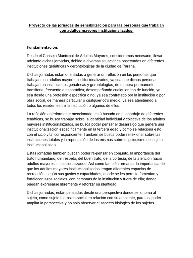 Proyecto de las jornadas de sensibilización para las personas que trabajan con adultos mayores ...