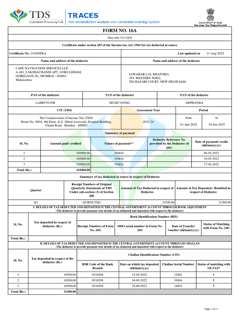 TDS Certificate - Form 16A - Q 1 - 23 | PDF | Securities (Finance ...